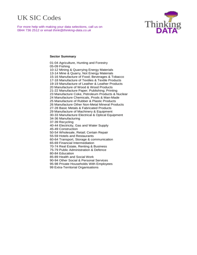 UK SIC Codes Thinking Data UK SIC Codes Thinking Data