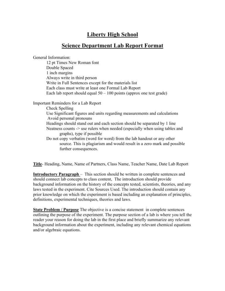 Science Department Lab Report Format