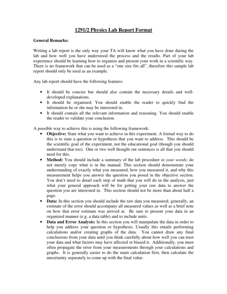 1291 2 Physics Lab Report Format