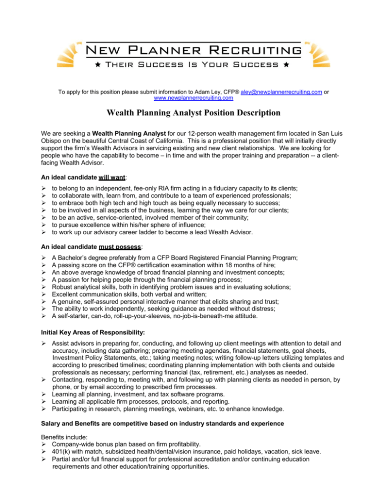 Wealth Planning Analyst Position Description Wealth Planning Analyst Position Description