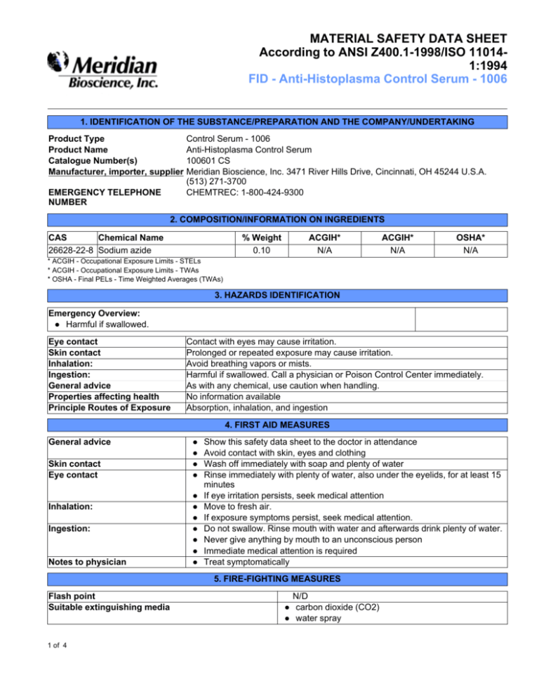 Anti-Histoplasma Control Serum MSDS