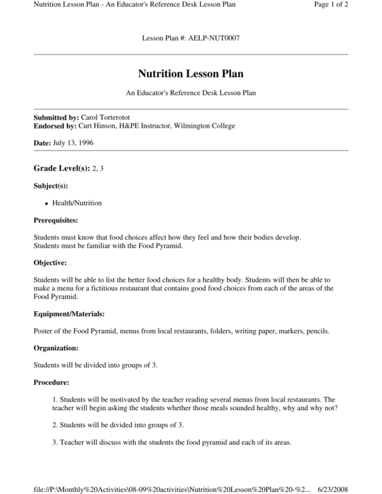 Nutrition Lesson Plan Nutrition Lesson Plan