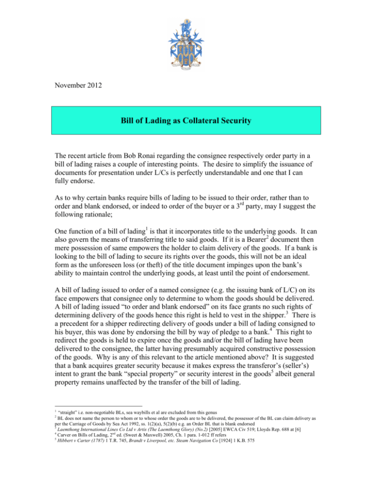 Bill Of Lading As Collateral Security
