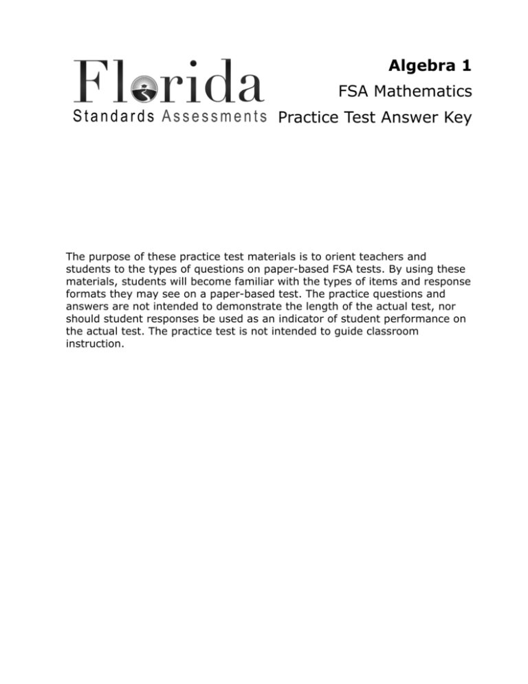 Algebra 1 FSA Paper Based Practice Test Answer Key
