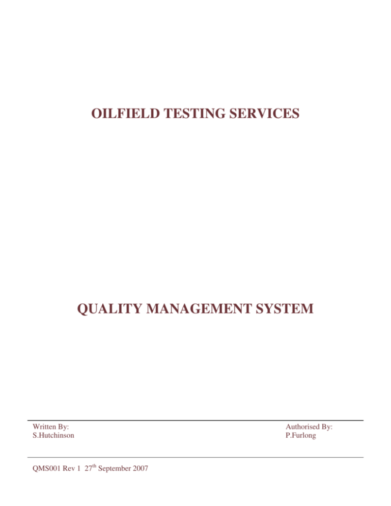OILFIELD TESTING SERVICES QUALITY MANAGEMENT SYSTEM