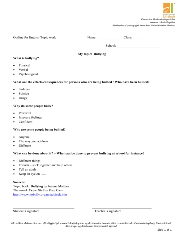 Bullying Outline For English Topic Work