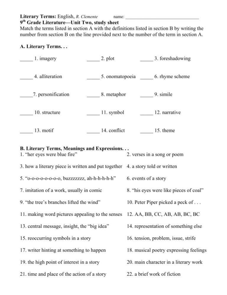 Literary Terms Quiz English R Literary Terms Quiz English R