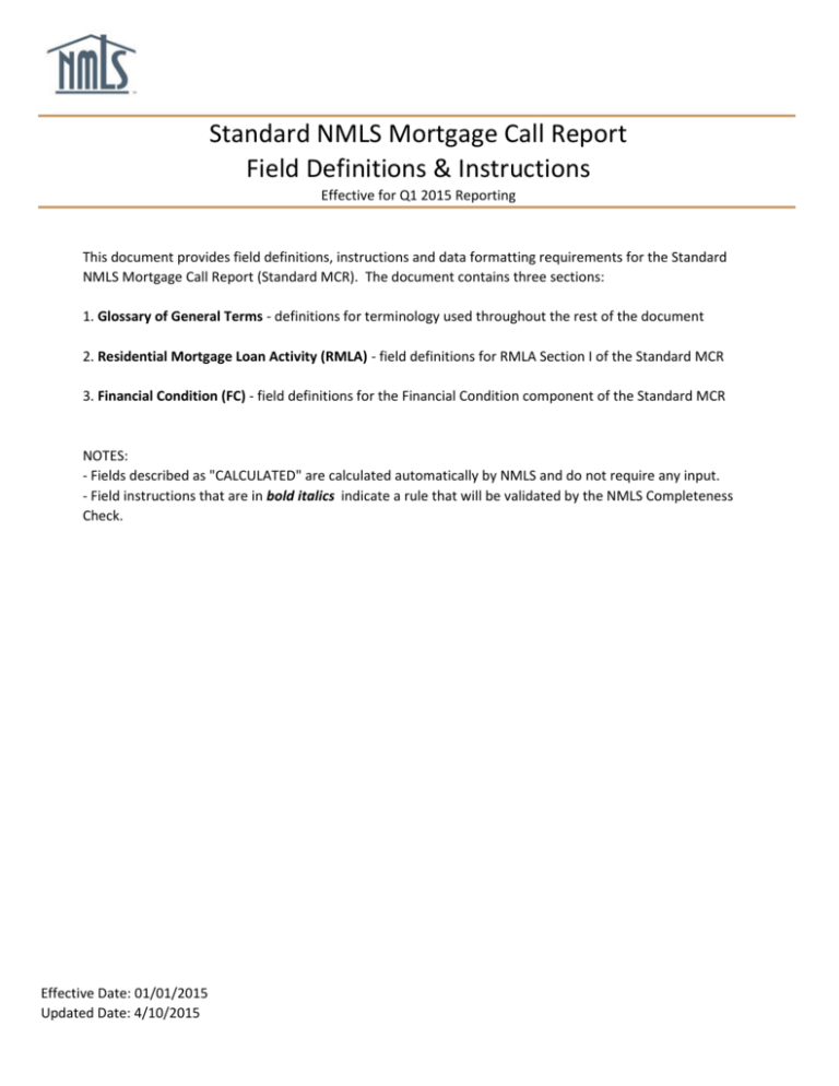 Standard NMLS Mortgage Call Report Field Definitions Instructions