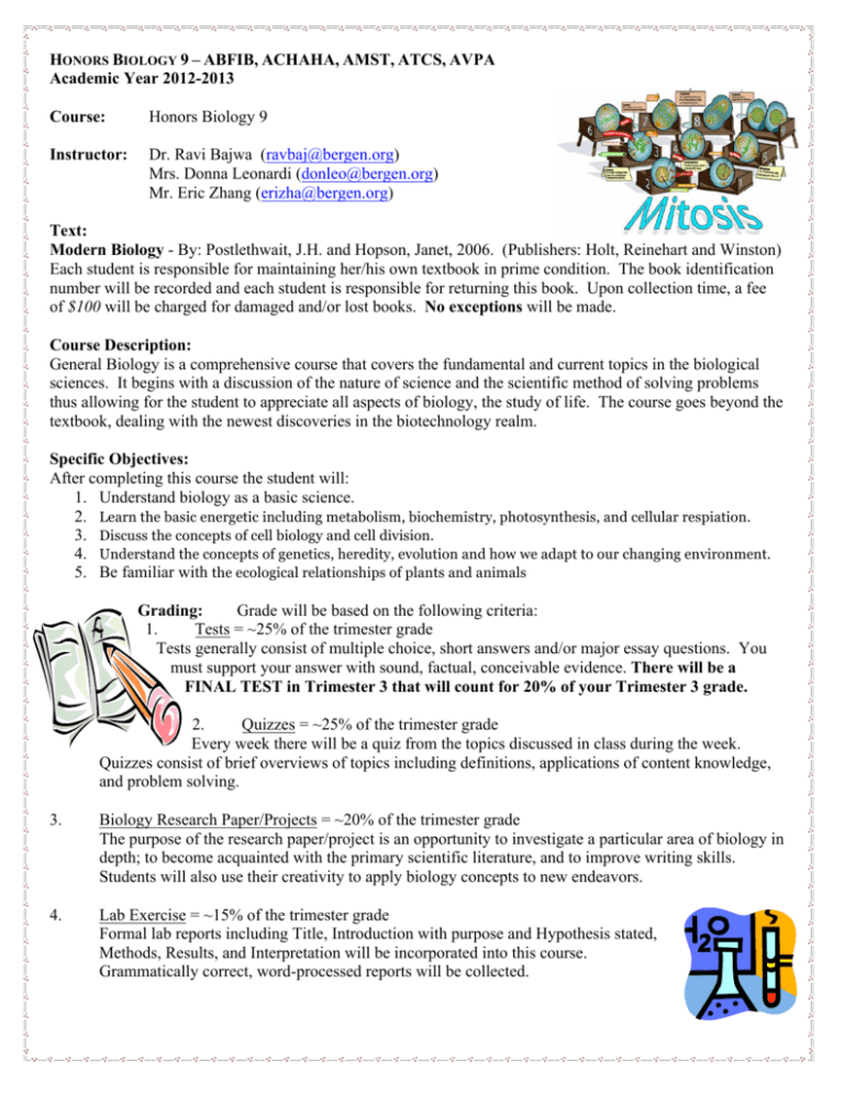 Honors Biology Classroom Management Plan