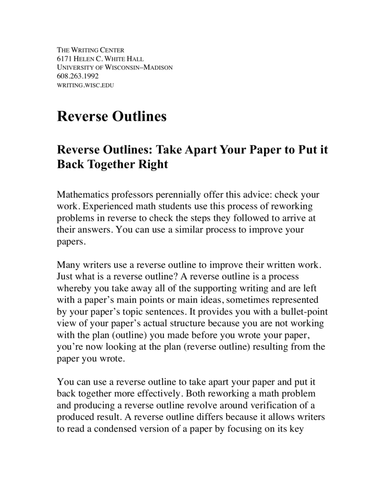 Reverse Outlines Writing Center University Of Wisconsin