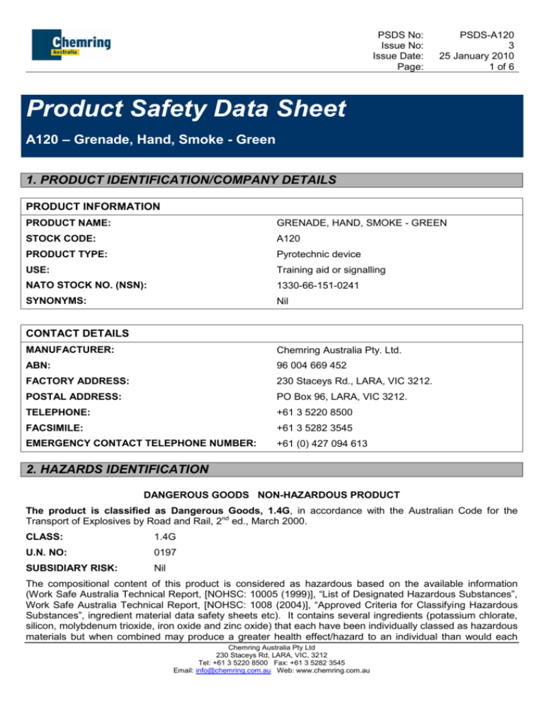 Product Safety Data Sheet A120 Product Safety Data Sheet A120