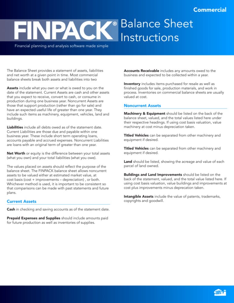 FINPACK Commercial Balance Sheet Instructions