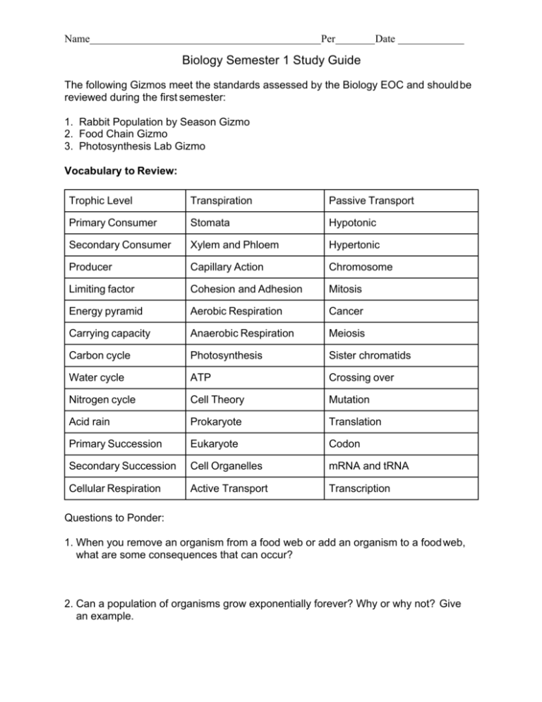 Biology Semester 1 Study Guide Biology Semester 1 Study Guide