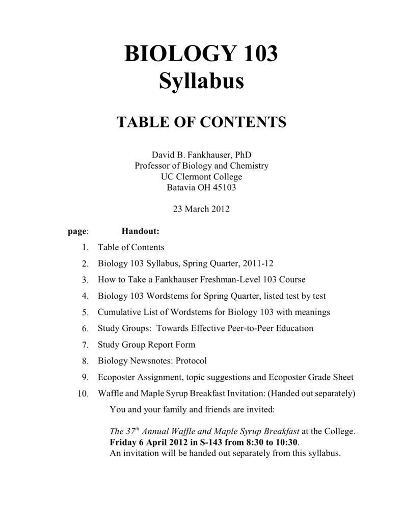 BIOLOGY 103 Syllabus Biology At Clermont College