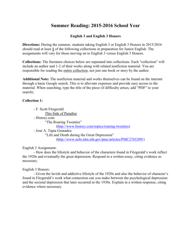 English 3 Regular And Honors Summer 2015 Assignment