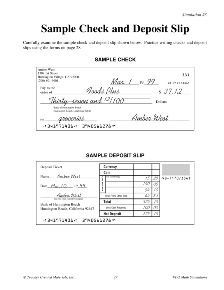 Sample Check And Deposit Slip Sample Check And Deposit Slip