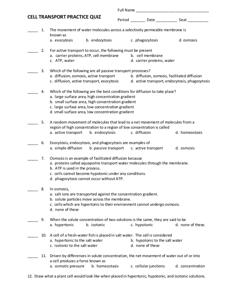Cell Transport Practice Quiz