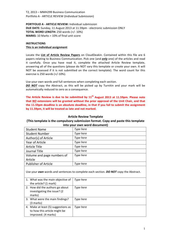 Article Review Template This Template Is The Compulsory
