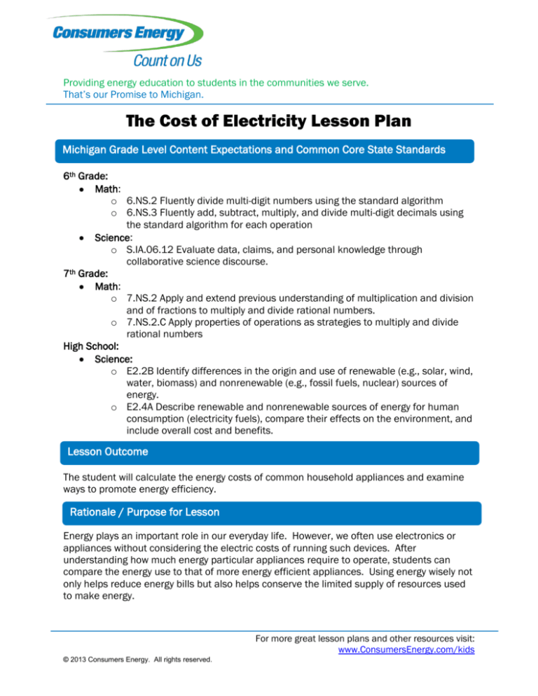 The Cost Of Electricity Lesson Plan