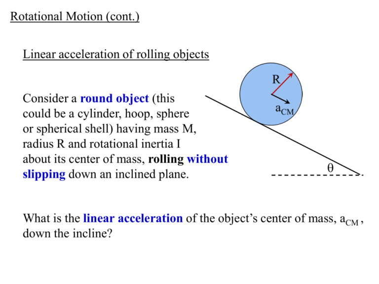 Linear Acceleration Of Rolling Objects Rotational Motion cont R 