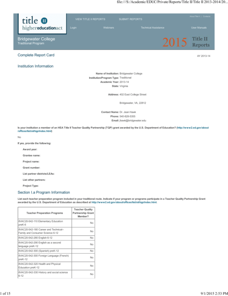 Teacher Preparation Program Report