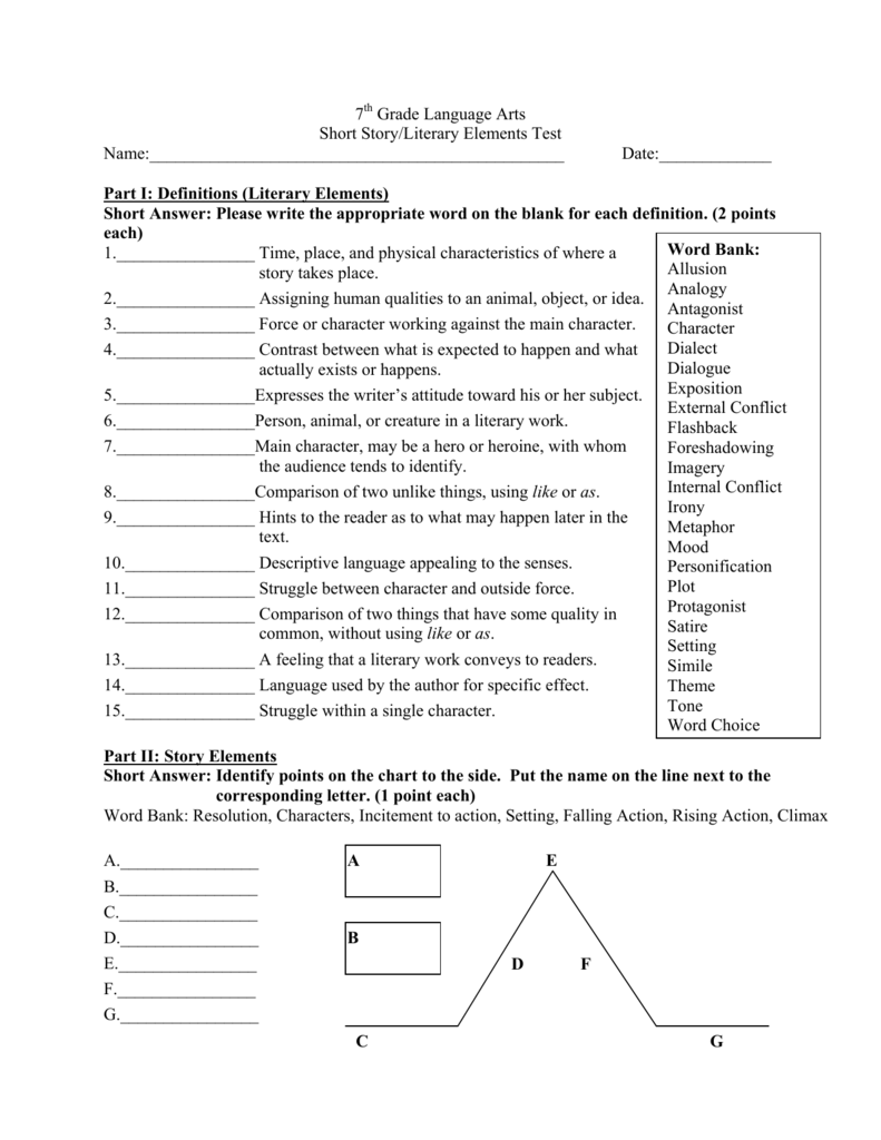 7 Grade Language Arts Short Story Literary Elements Test Name