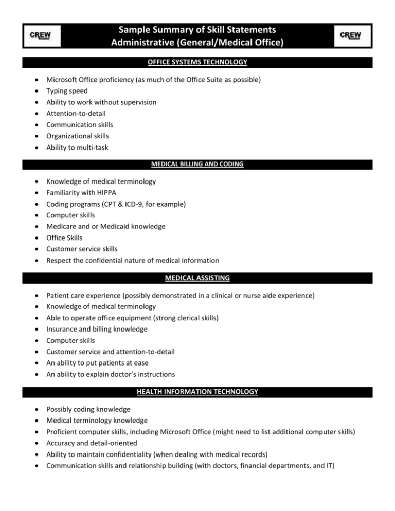 Sample Summary Of Skill Statements Administrative