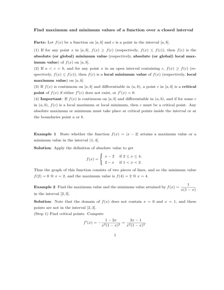 Find Maximum And Minimum Values Of A Function Over A Closed