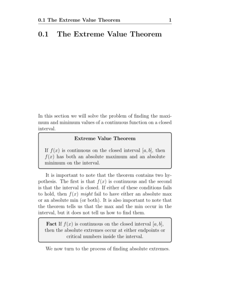 0 1 The Extreme Value Theorem 0 1 The Extreme Value Theorem