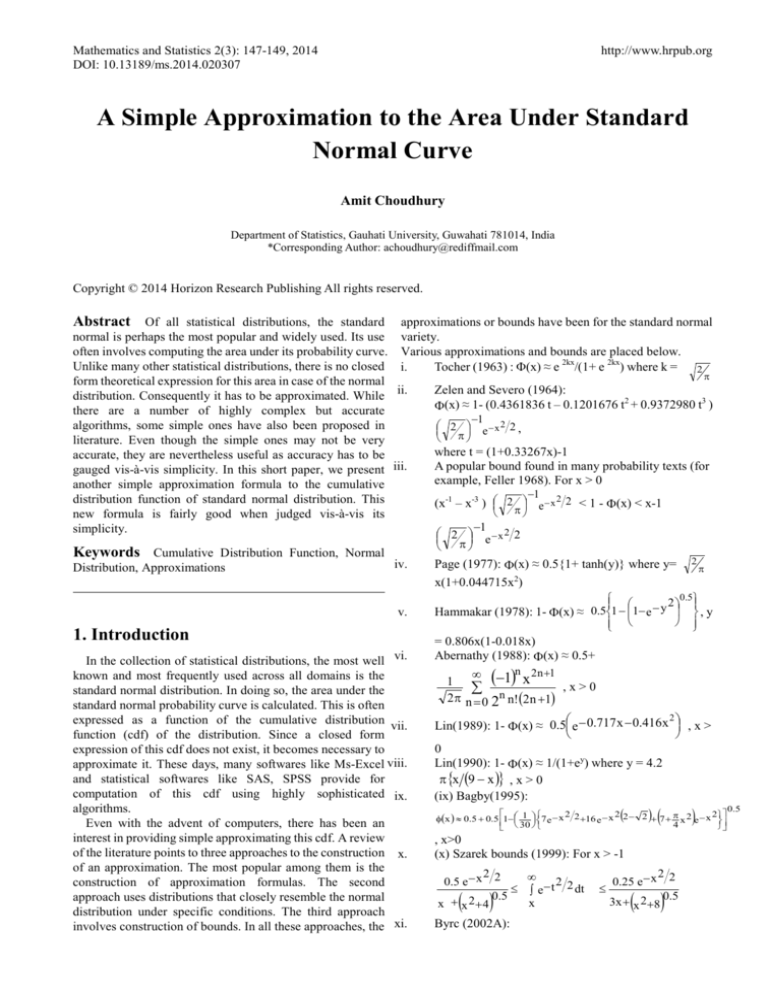 A Simple Approximation To The Area Under Standard Normal Curve