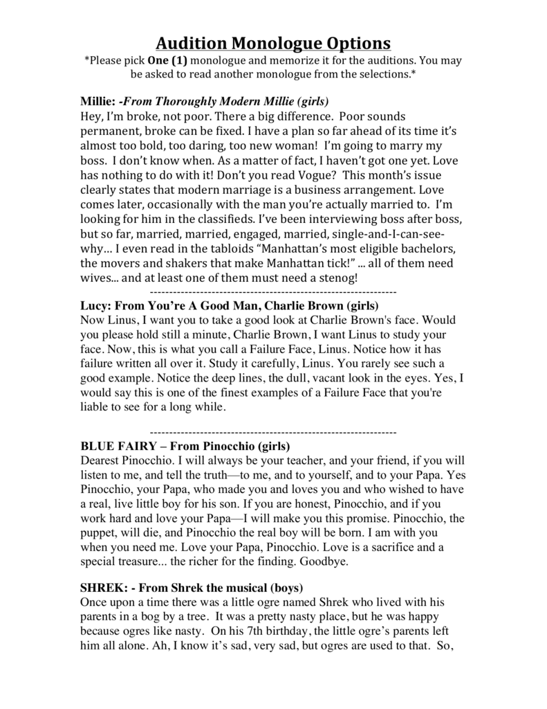Audition Monologue Options