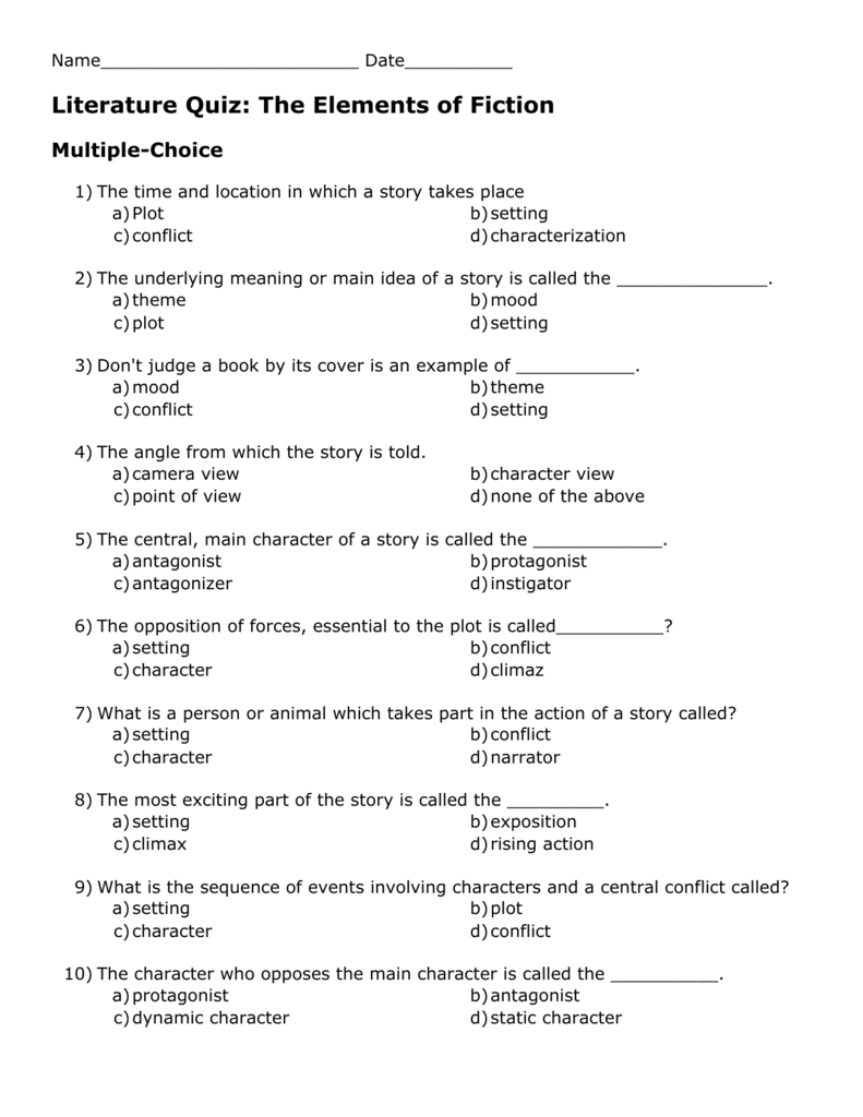 Literature Elements Of Fiction Quiz Literature Elements Of Fiction Quiz