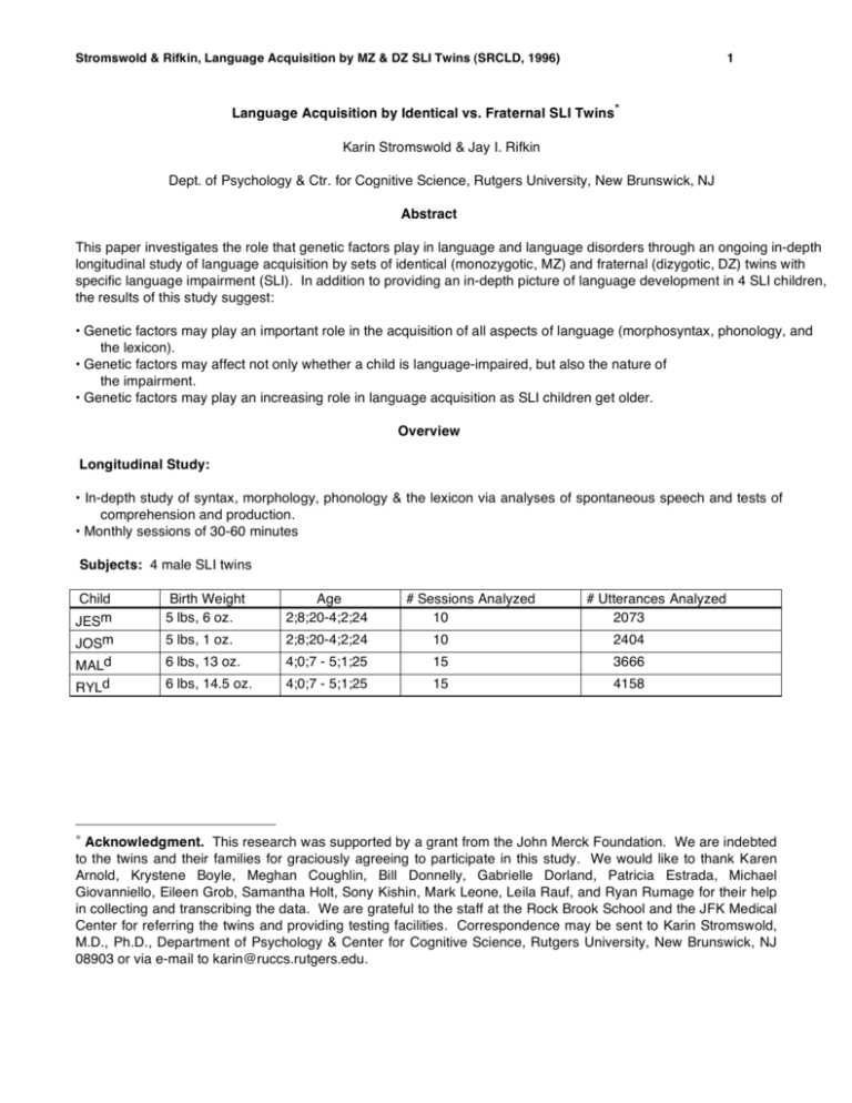 Language Acquisition By Identical Vs Fraternal SLI Twins Karin Language Acquisition By Identical Vs Fraternal SLI Twins Karin