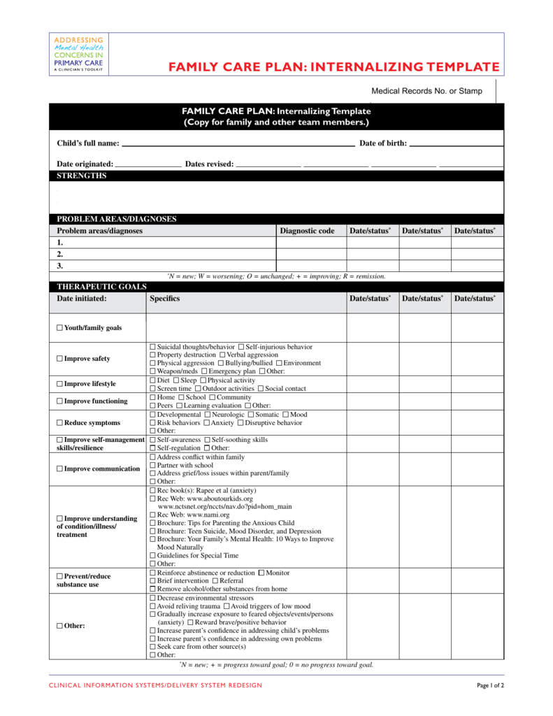 Family Care Plan Internalizing Template