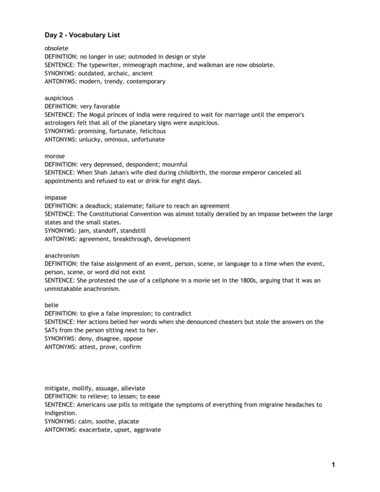 Day 2 Vocabulary List 1 Day 2 Vocabulary List 1