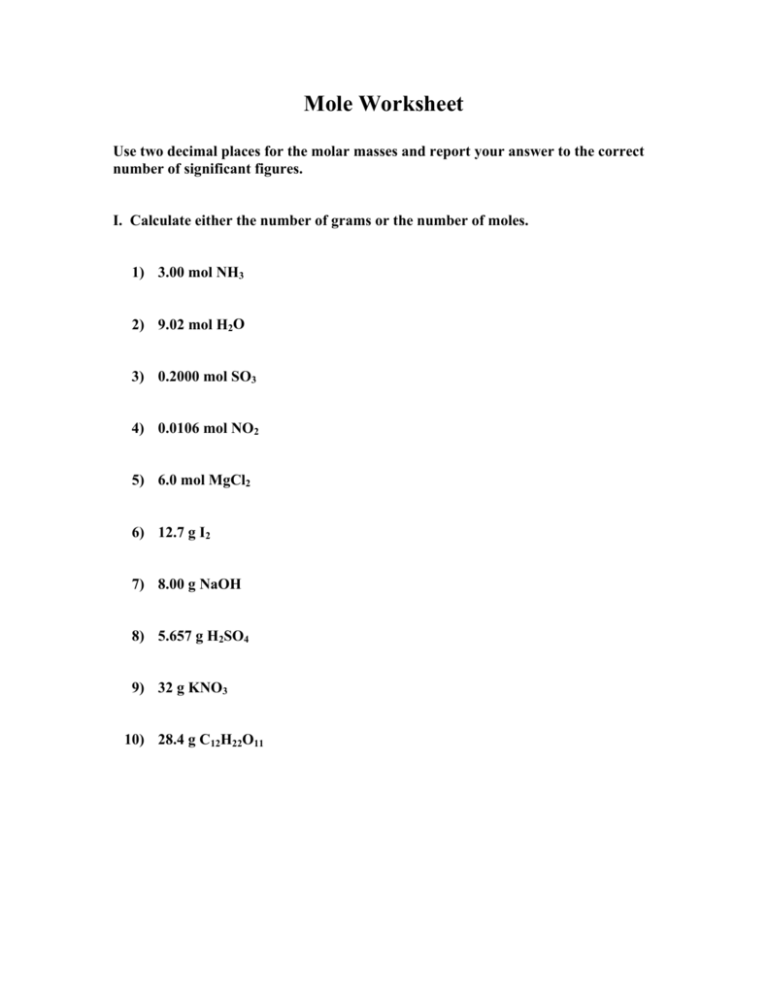 Moles Worksheet 1