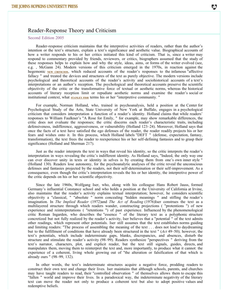 Reader Response Theory And Criticism The Johns Hopkins Guide