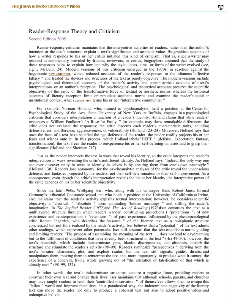 Reader Response Theory And Criticism The Johns Hopkins Guide