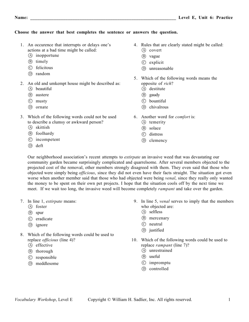 Name Level E Unit 6 Practice Vocabulary Workshop Level E Co