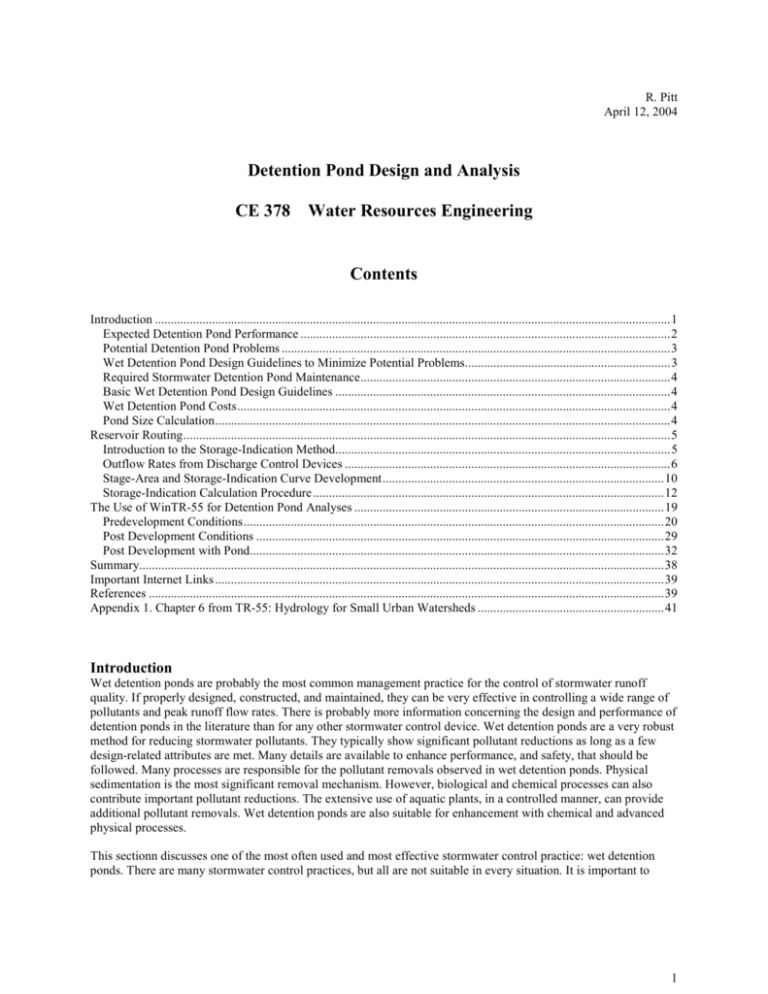 Detention Pond Design and Analysis CE 378 Water Resources