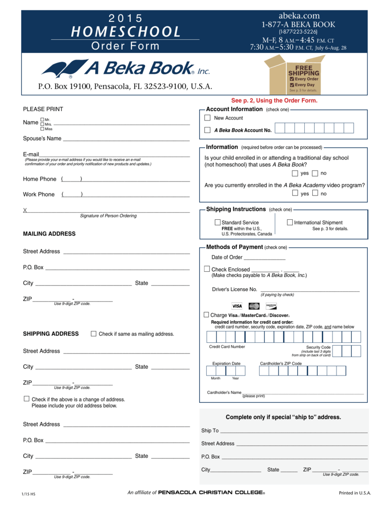 A Beka Book Homeschool Order Form 2015 Grade 5 Section