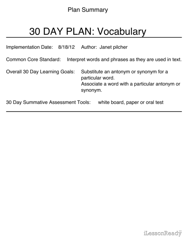 30 DAY PLAN Vocabulary 30 DAY PLAN Vocabulary