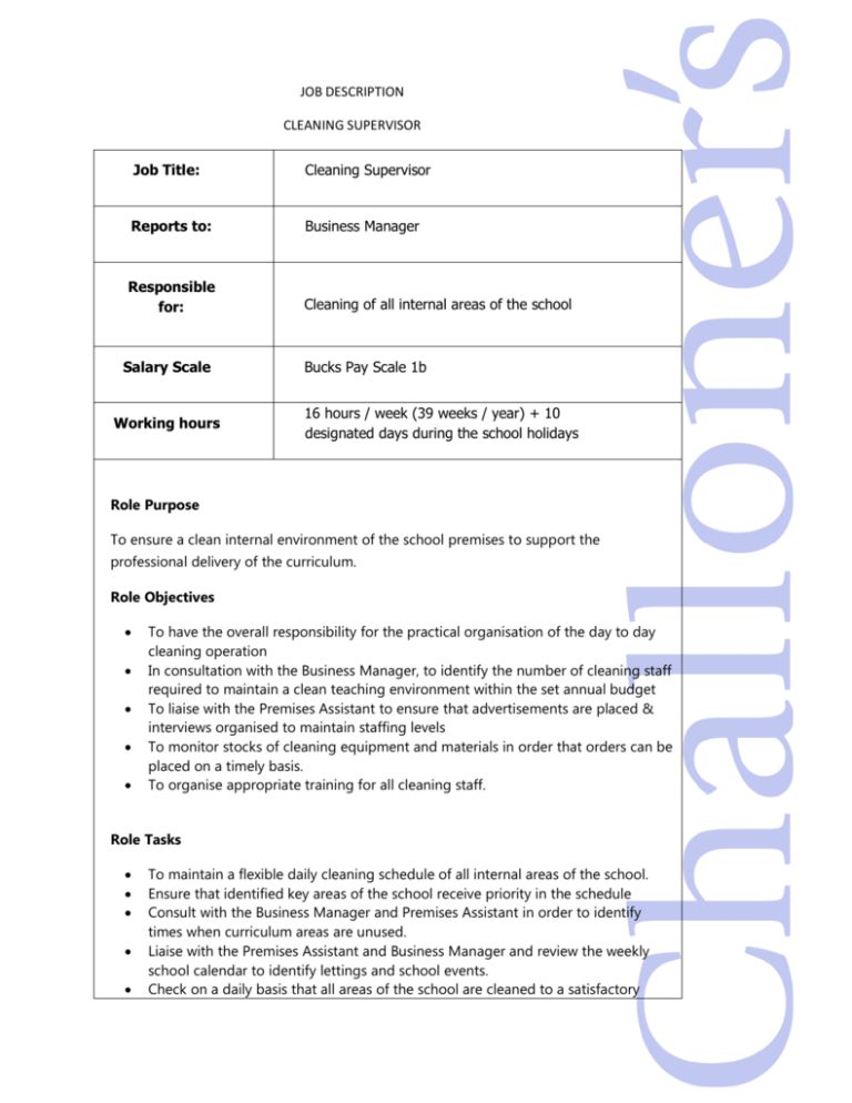 JOB DESCRIPTION CLEANING SUPERVISOR Job Title Cleaning JOB DESCRIPTION CLEANING SUPERVISOR Job Title Cleaning