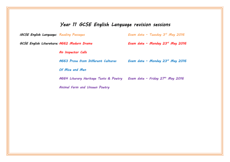 Year 11 GCSE English Language Revision Sessions