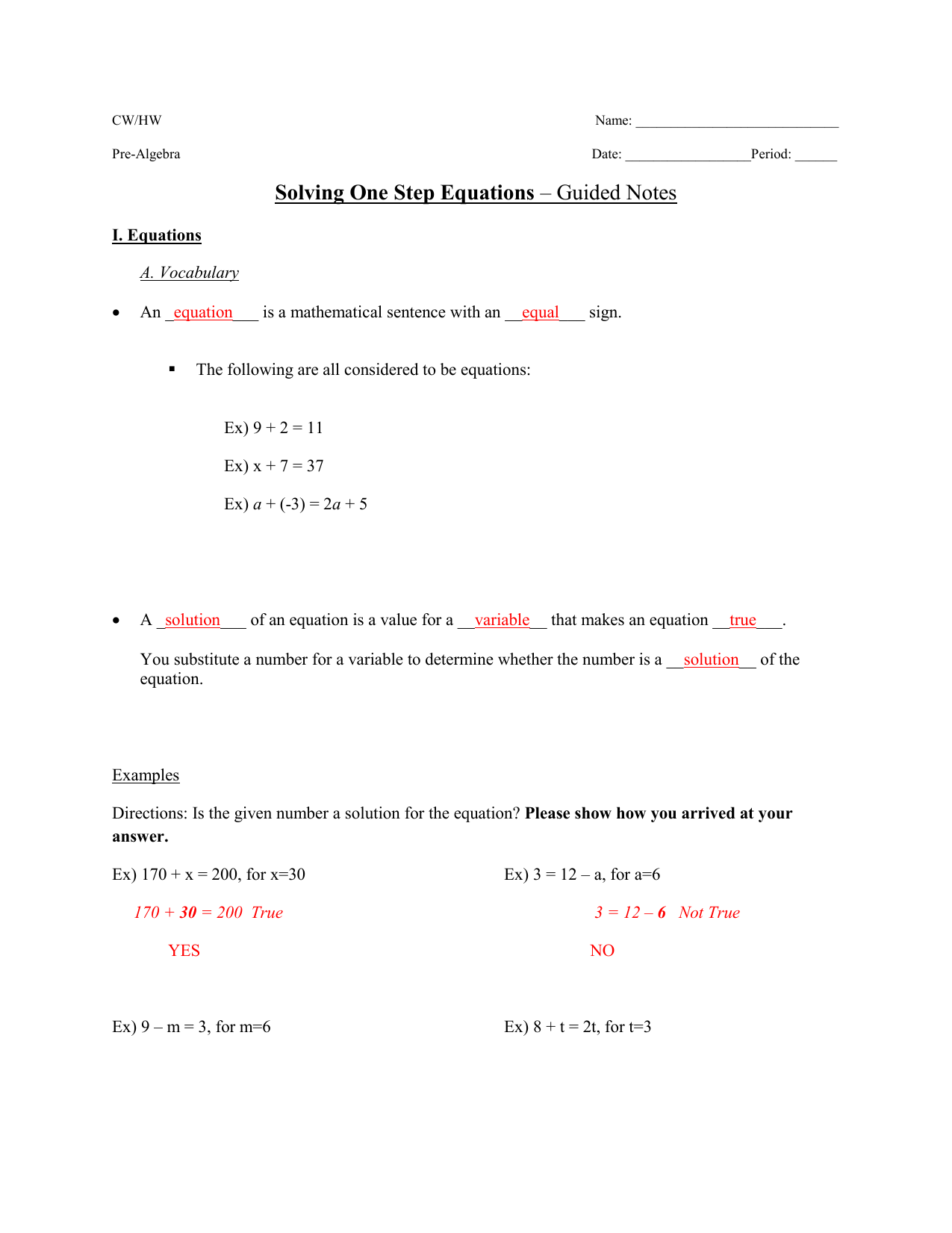 Solving One Step Equations Guided Notes
