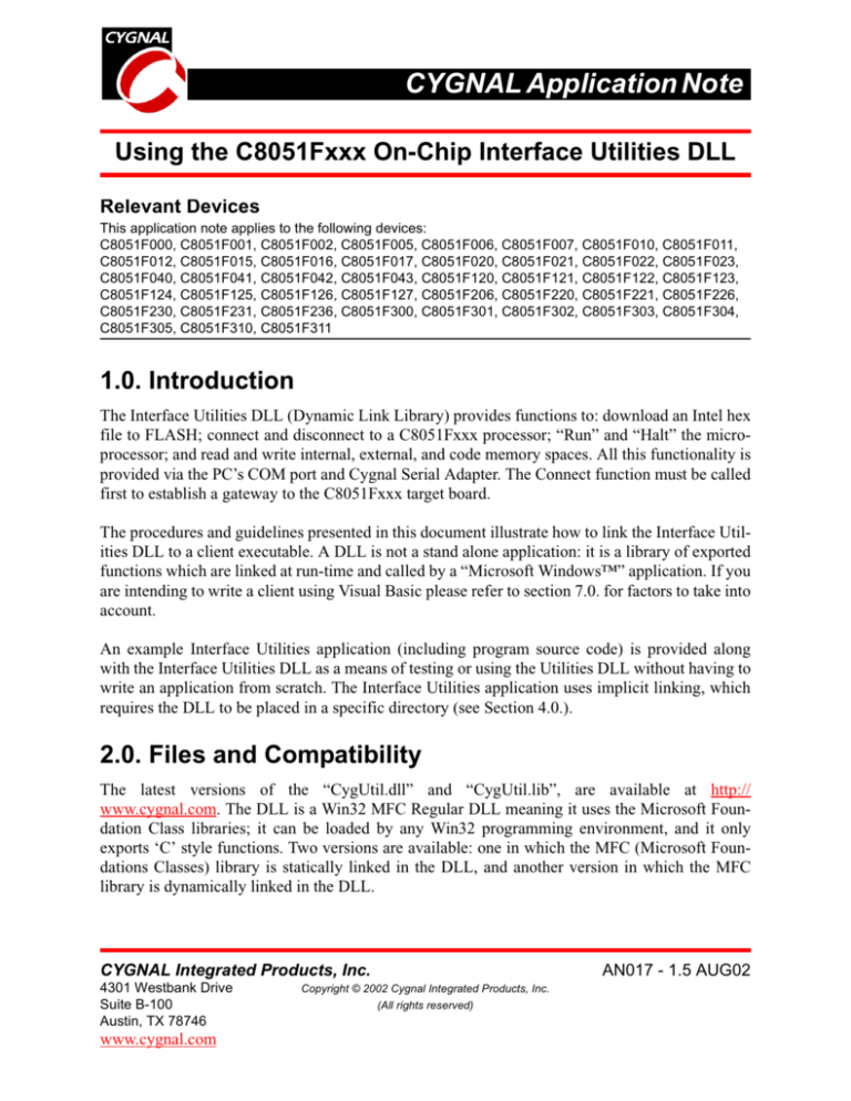 Using The C8051Fxxx On Chip Interface Utilities DLL CYGNAL