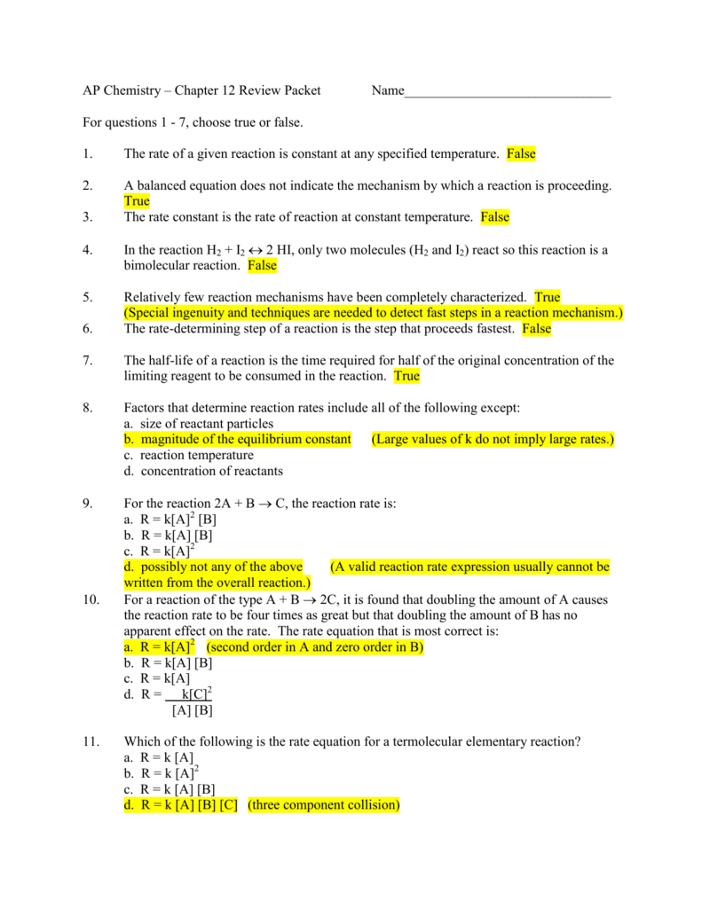 AP Chemistry Chapter 12 Review Packet AP Chemistry Chapter 12 Review Packet
