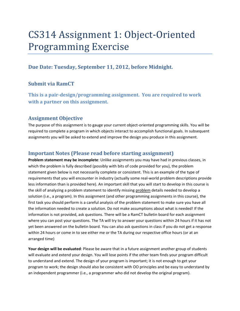 Cs314 Assignment 1 Object ‐oriented Programming Exercise