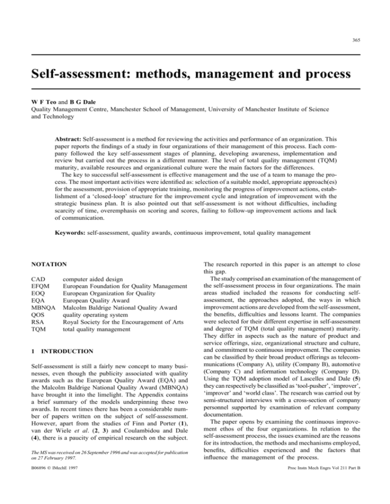 Self-assessment: methods, management and process