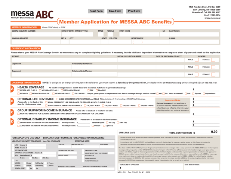Member Application For MESSA ABC Benefits Member Application For MESSA ABC Benefits